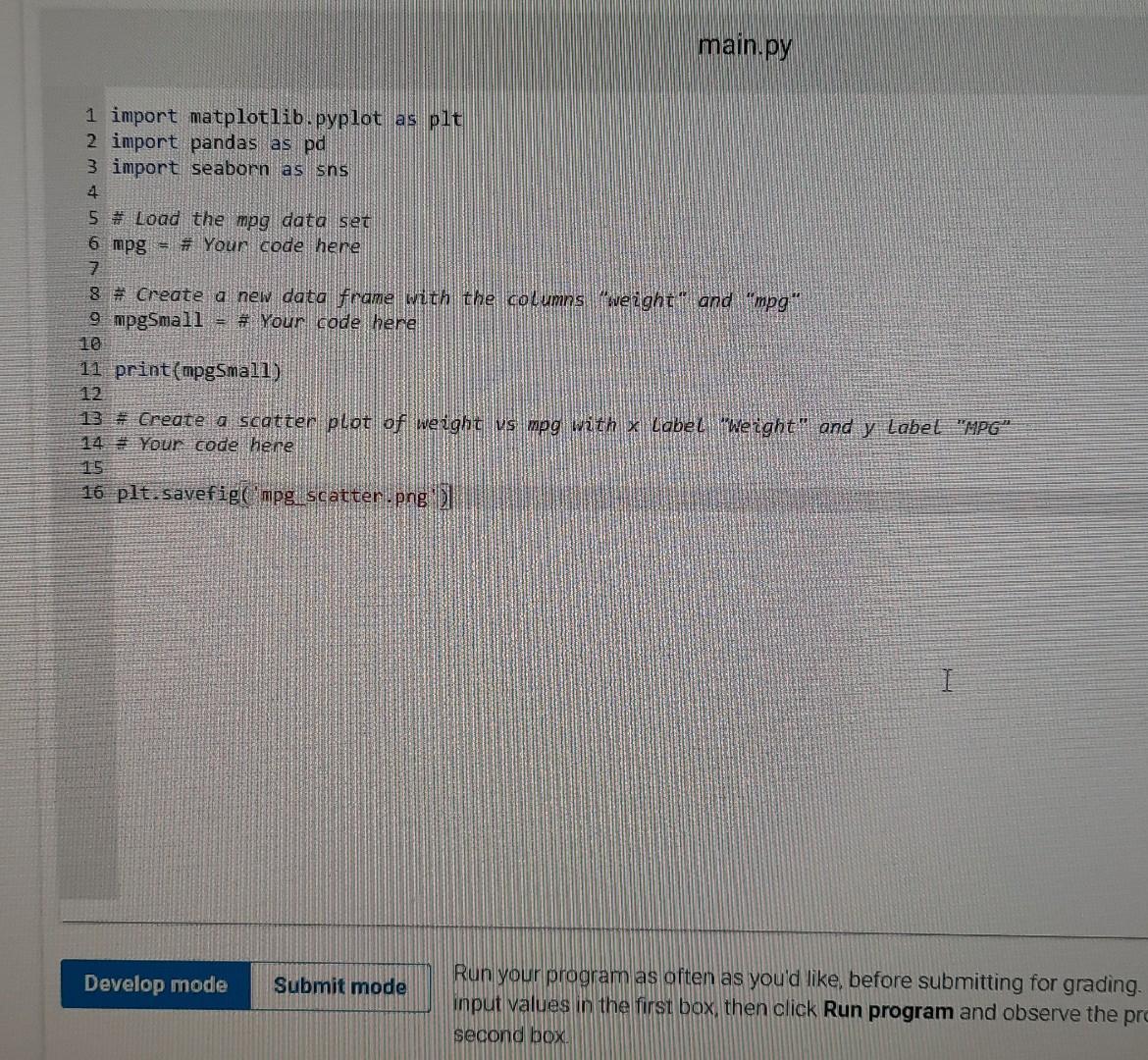 Solved 6.8 LAB: Visualizing mpg data using matplotlib The | Chegg.com