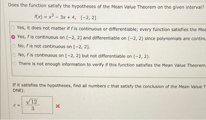 Solved Does the function satisfy the hypotheses of the Mean | Chegg.com