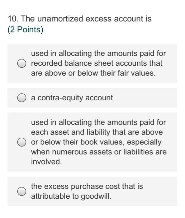 Solved 10. The unamortized excess account is (2 Points) used | Chegg.com
