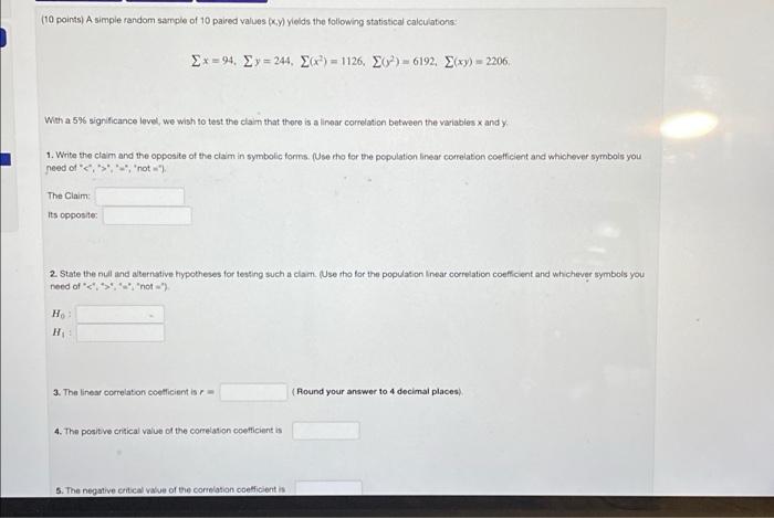 Solved (10 points) A simple random sample of 10 paired | Chegg.com