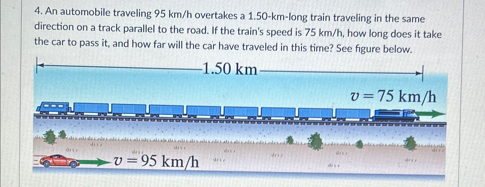 Solved An automobile traveling 95 ﻿km/h overtakes a | Chegg.com
