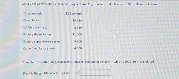 Solved Carla Vista Construction's manufacturing costs for | Chegg.com