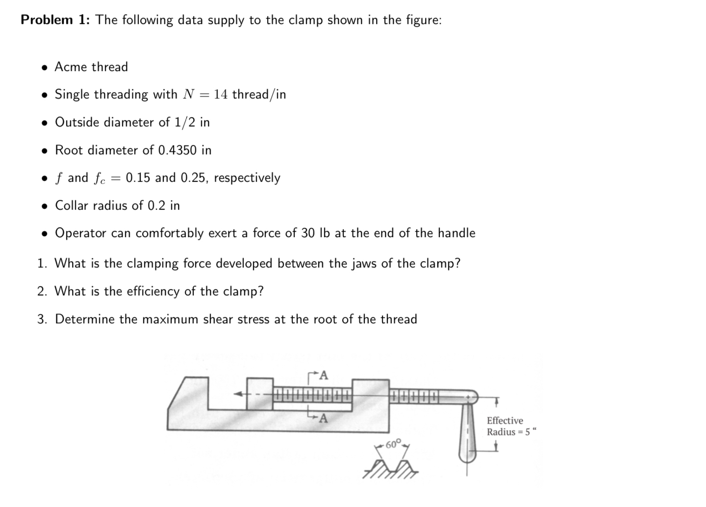 Solved Problem 1: The following data supply to the clamp | Chegg.com