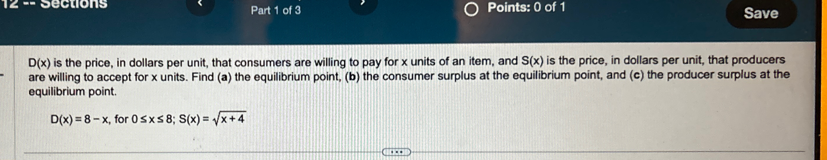 Solved Part 1 ﻿of 3Points: 0 ﻿of 1D(x) ﻿is the price, in | Chegg.com