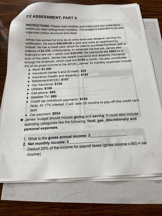 Solved C2 ASSESSMENT: PART ॥ INSTRUCTIONS: Please read | Chegg.com