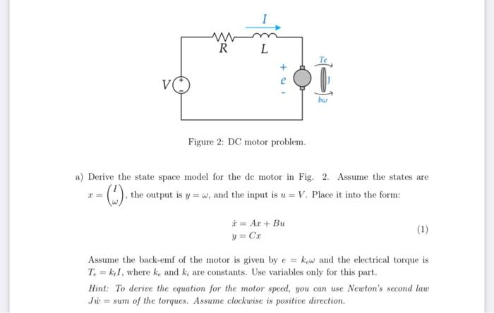 Solved Figure 2: DC motor problem. a) Derive the state space | Chegg.com