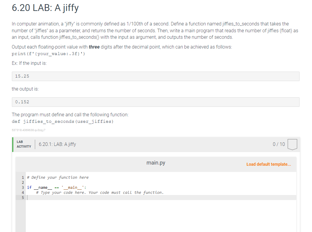 Solved 6.20 ﻿LAB: A jiffy (PYTHON)In computer animation, a | Chegg.com