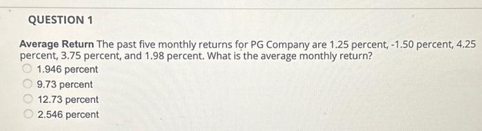 Solved Average Return The past five monthly returns for PG | Chegg.com