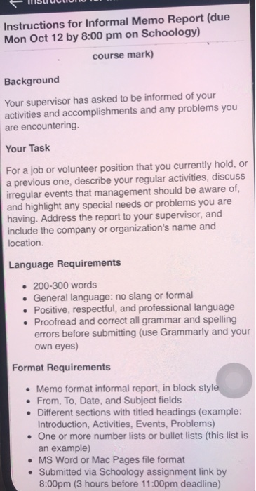 Solved Instructions for Informal Memo Report (due Mon Oct 12 | Chegg.com