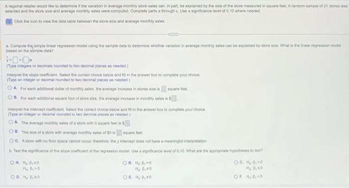 Solved selected and the store size end average menthy saies | Chegg.com