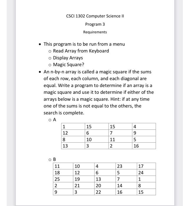 Solved CSCI 1302 Computer Science II Program 3 Requirements | Chegg.com