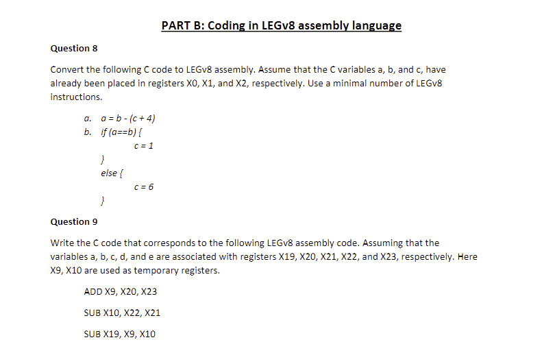 Solved Part B Coding In Legv8 ﻿assembly Languagequestion 