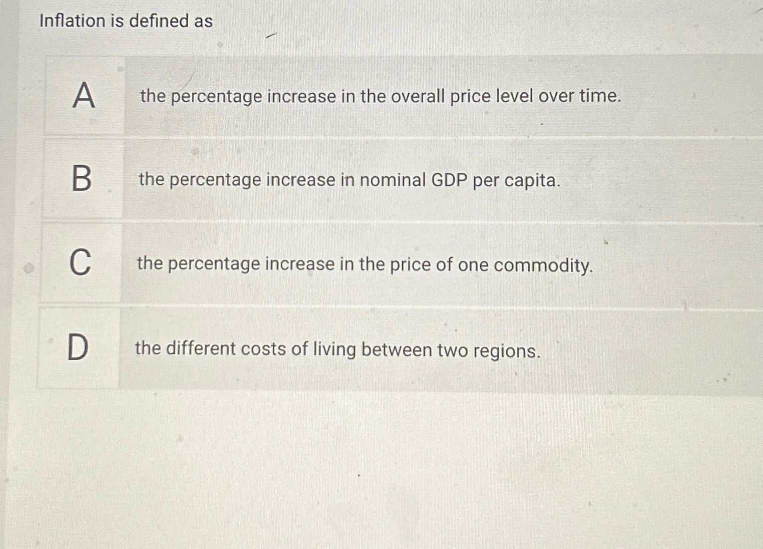 Solved Inflation is defined asA the percentage increase in | Chegg.com