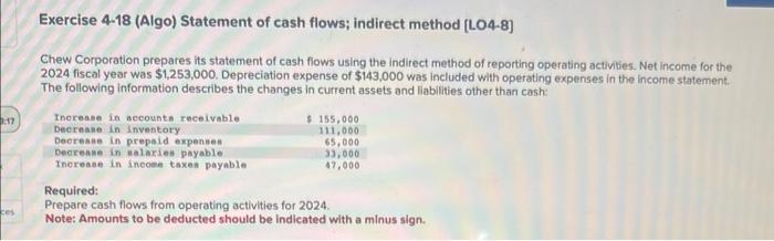 Solved Exercise 4-18 (Algo) Statement of cash flows; | Chegg.com
