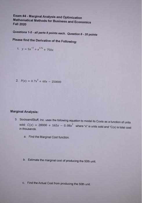Solved Exam #4 - Marginal Analysis and Optimization | Chegg.com