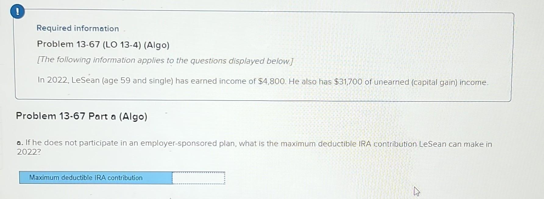 Solved Required information Problem 13-67 (LO 13-4) (Algo) | Chegg.com Solved Required information Problem 13-67 (LO 13-4) (Algo) | Chegg.com