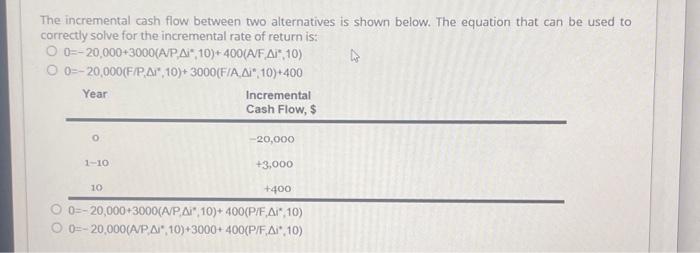 Solved The incremental cash flow between two alternatives is | Chegg.com