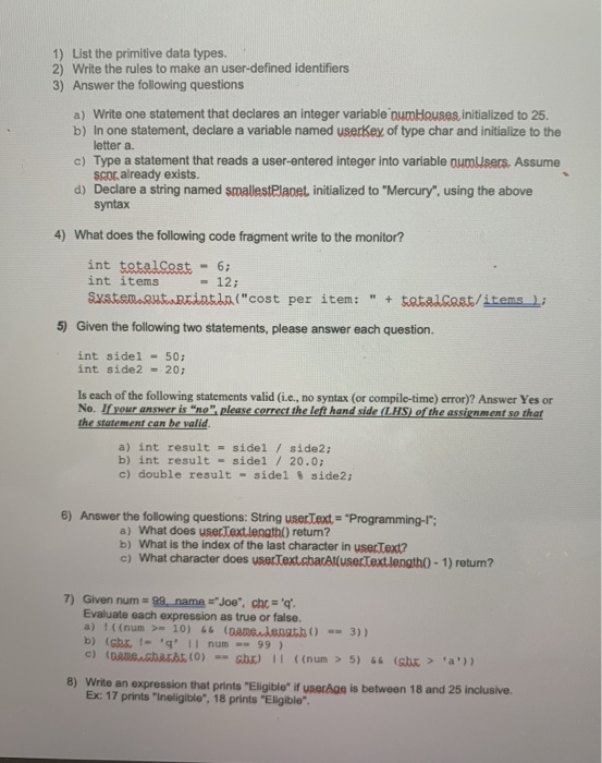 Solved 1) List the primitive data types. 2) Write the rules | Chegg.com
