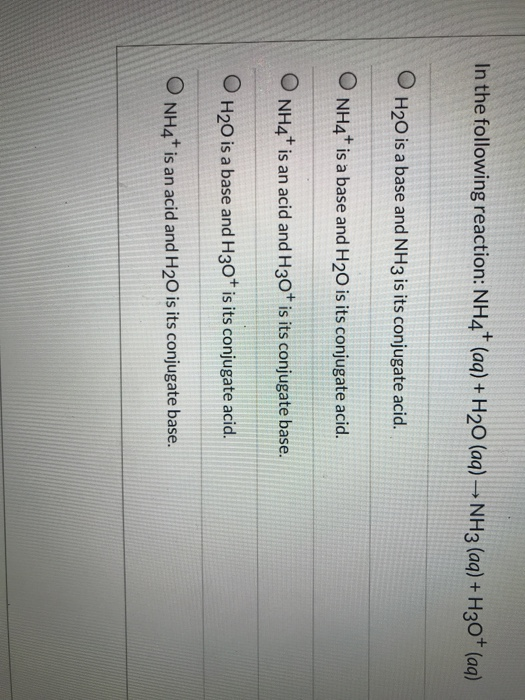 Solved In the following reaction: NH4+ (aq) + H20 (aq) → | Chegg.com