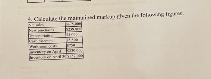 Solved 4. Calculate the maintained markup given the | Chegg.com