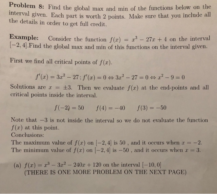 Solved Problem 8: Find the global max and min : Find the | Chegg.com