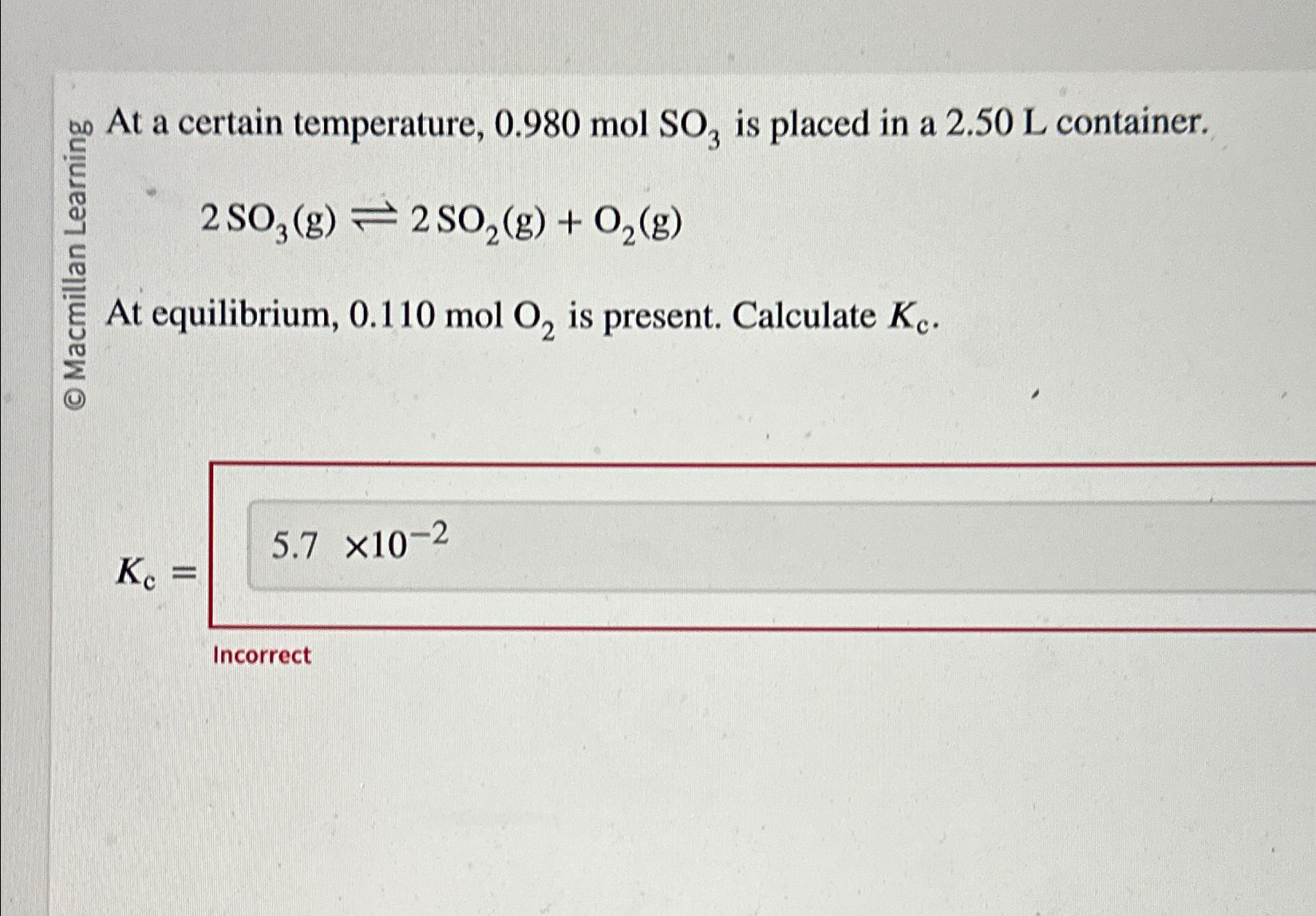 Solved no At a certain temperature, 0.980molSO3 ﻿is placed | Chegg.com