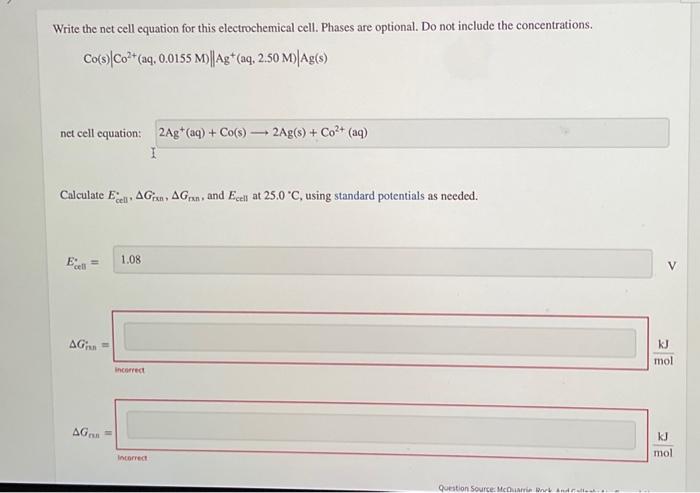 Solved Write the net cell equation for this electrochemical | Chegg.com
