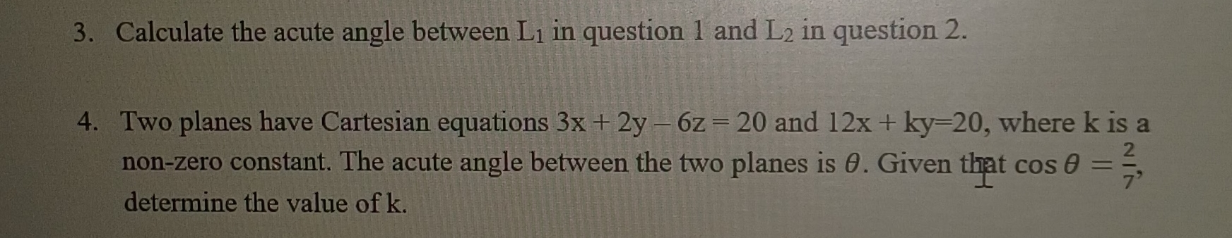 Calculate the acute angle between L1 ﻿in question 1 | Chegg.com