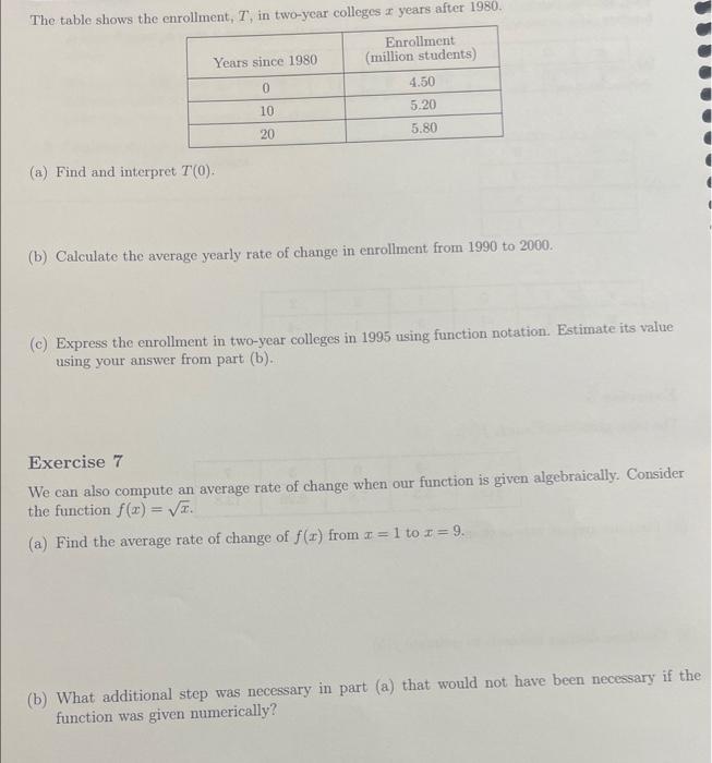Solved The table shows the enrollment, T, in two-year | Chegg.com