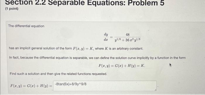 Solved Section 2 2 Separable Equations Problem 5 1 Point