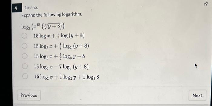 Solved Expand the following logarithm. | Chegg.com