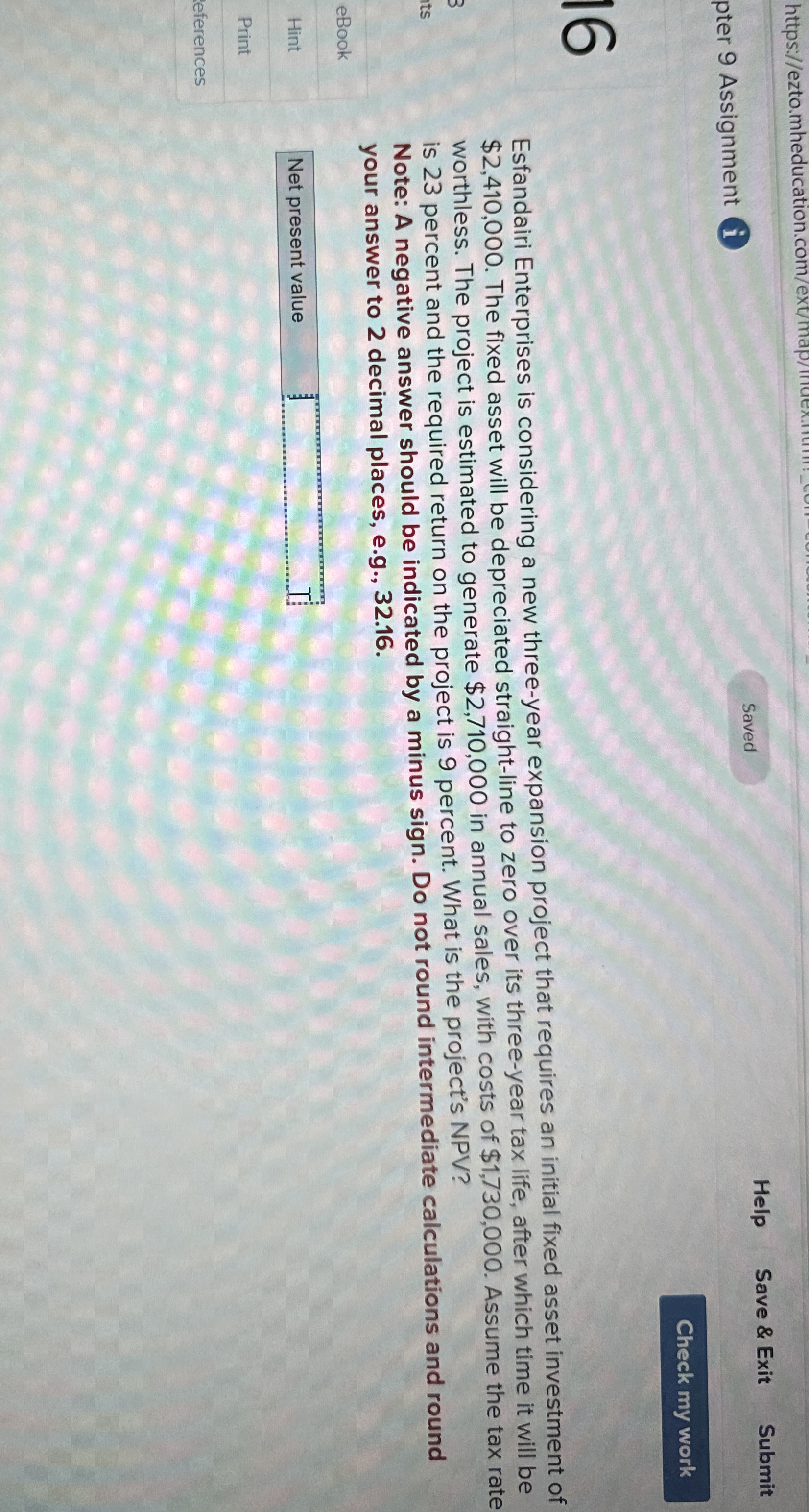 Solved pter 9 ﻿AssignmentHelpSave & ExitSubmit 16Esfandairi | Chegg.com