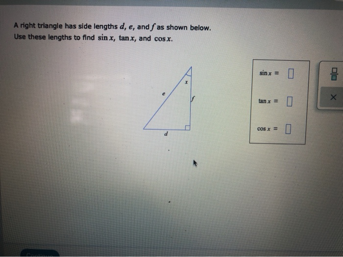 Solved A right triangle has side lengths d, e, and as shown | Chegg.com