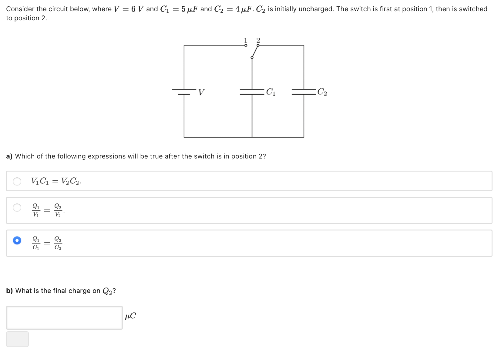 Solved Consider the circuit below, where V=6V ﻿and C1=5μF | Chegg.com