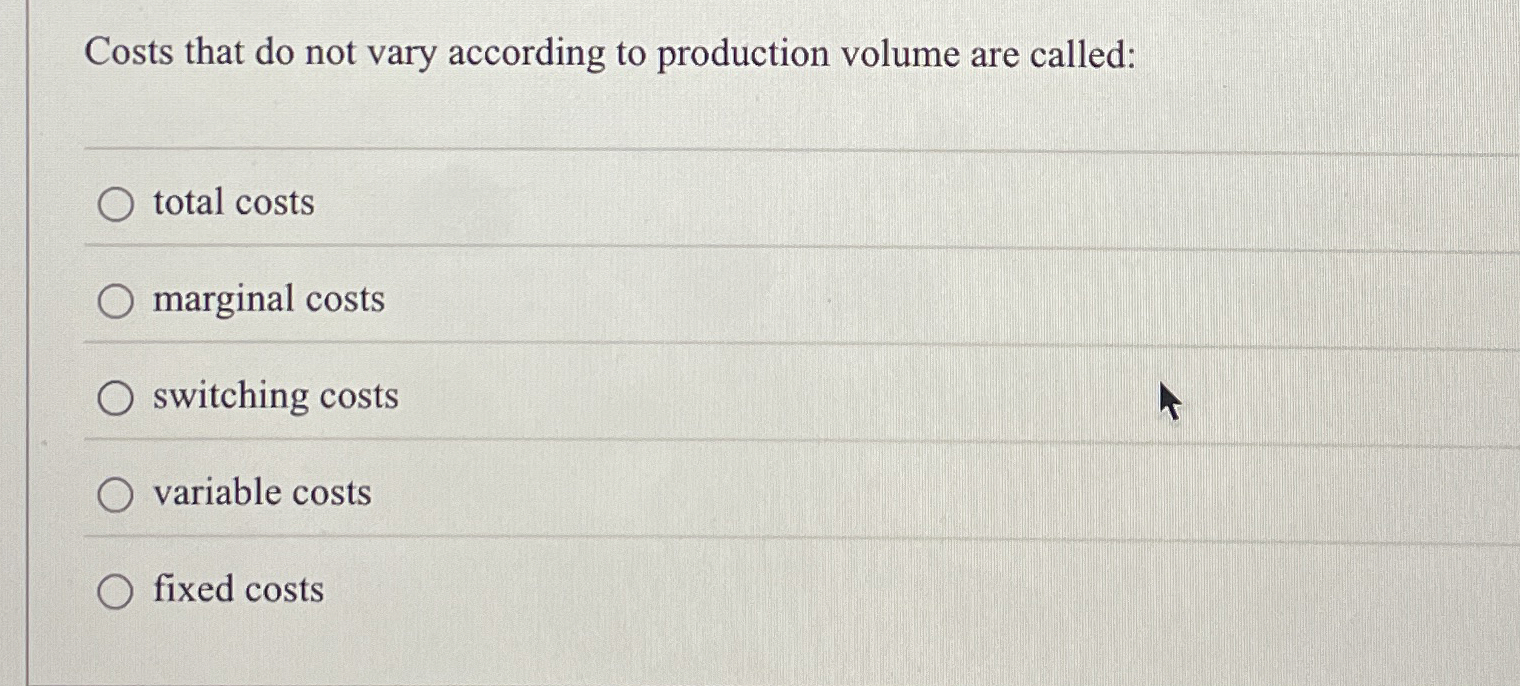 Solved Costs that do not vary according to production volume | Chegg.com