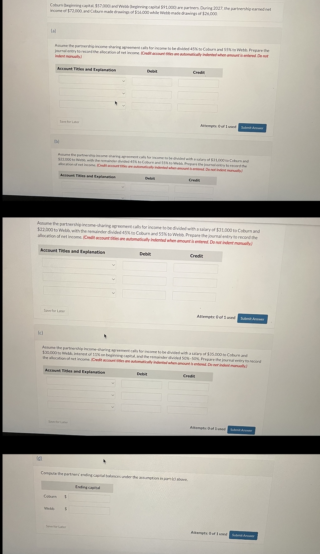 Solved (d).Compute the partners' ending capital balances | Chegg.com
