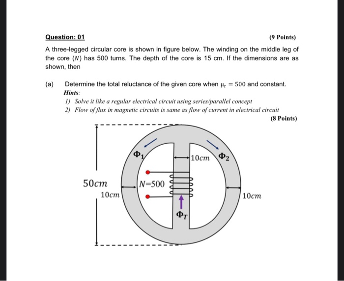 Solved Question: 01 (9 Points) A three-legged circular core | Chegg.com