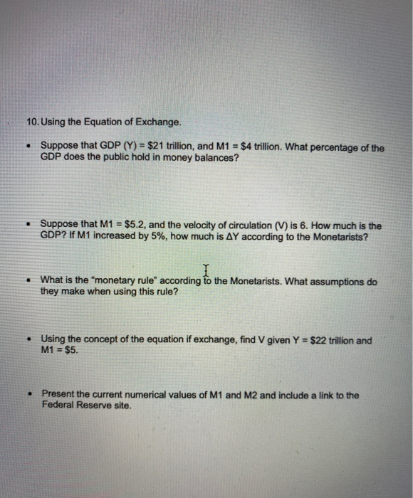 Solved 10. Using the Equation of Exchange. • Suppose that | Chegg.com