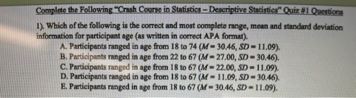 Solved Complete the Following "Crash Course in Statistics - | Chegg.com