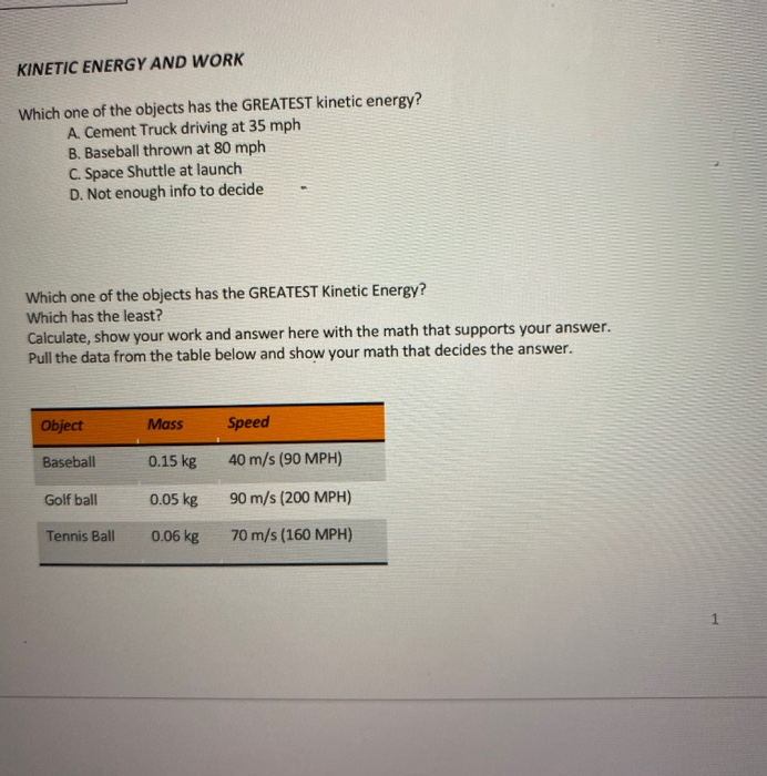 Solved KINETIC ENERGY AND WORK Which one of the objects has | Chegg.com