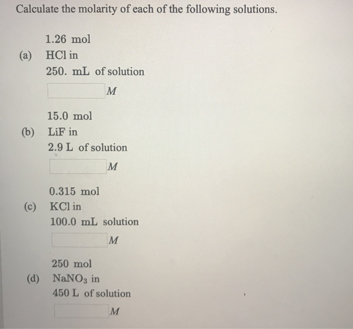 Solved Calculate the molarity of each of the following | Chegg.com