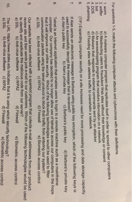 Solved For questions 1-5, match the following computer | Chegg.com