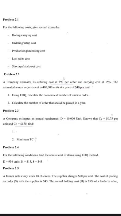 Solved For the following costs, give several examples. | Chegg.com