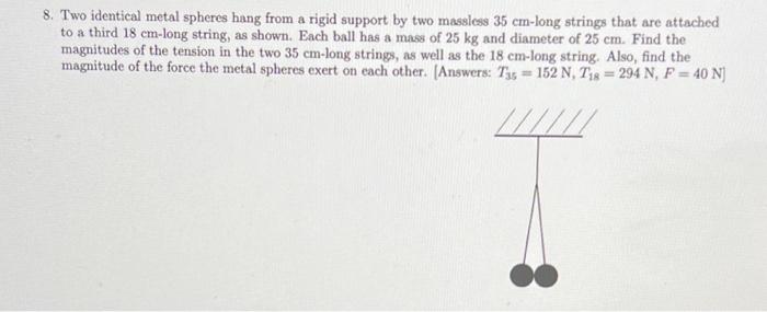 8. Two identical metal spheres hang from a rigid | Chegg.com
