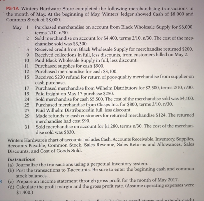 Solved P5-1A Winters Hardware Store completed the following | Chegg.com