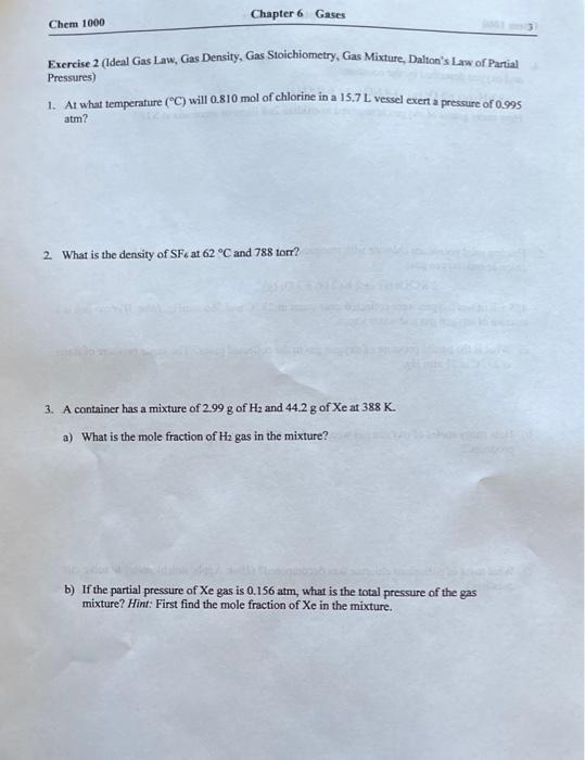Solved Exercise 2 (Ideal Gas Law, Gas Density, Gas | Chegg.com