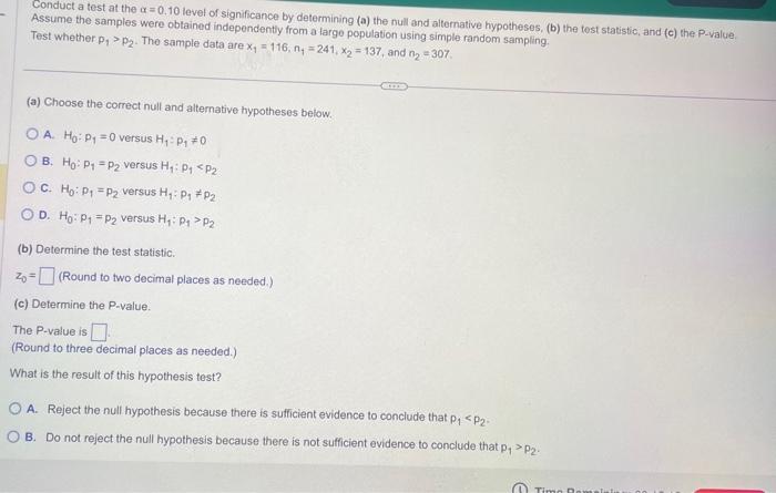 Solved Concuct a test at the α=0,10 levef of significance by | Chegg.com