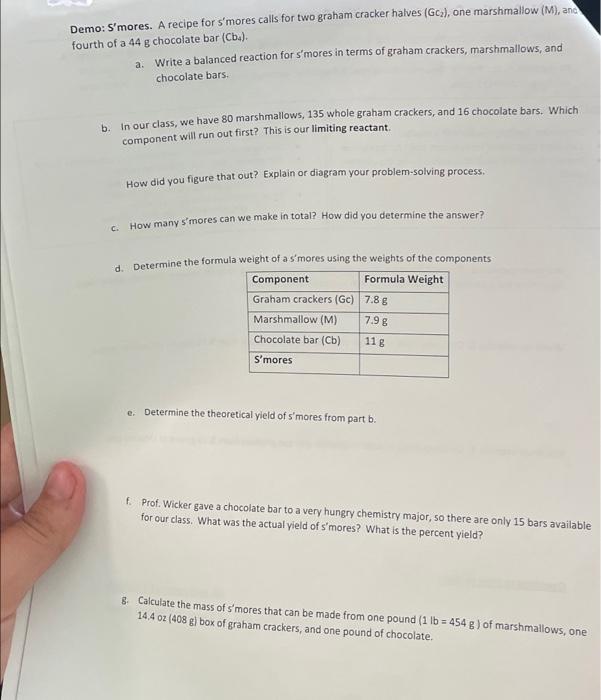 Solved e. Determine the theoretical yield of s'mores from | Chegg.com