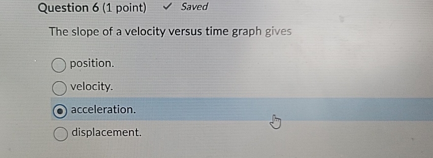 Solved Question 6 (1 ﻿point)SavedThe slope of a velocity | Chegg.com