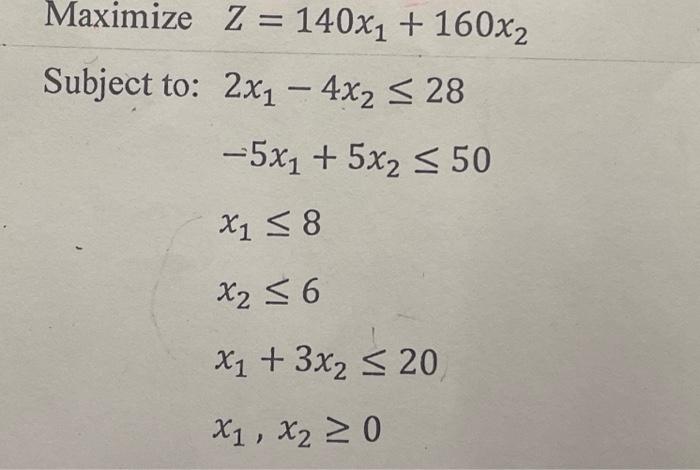 Solved = Maximize Z = 140x1 + 160x2 Subject to: 2x1 - 4x2 = | Chegg.com